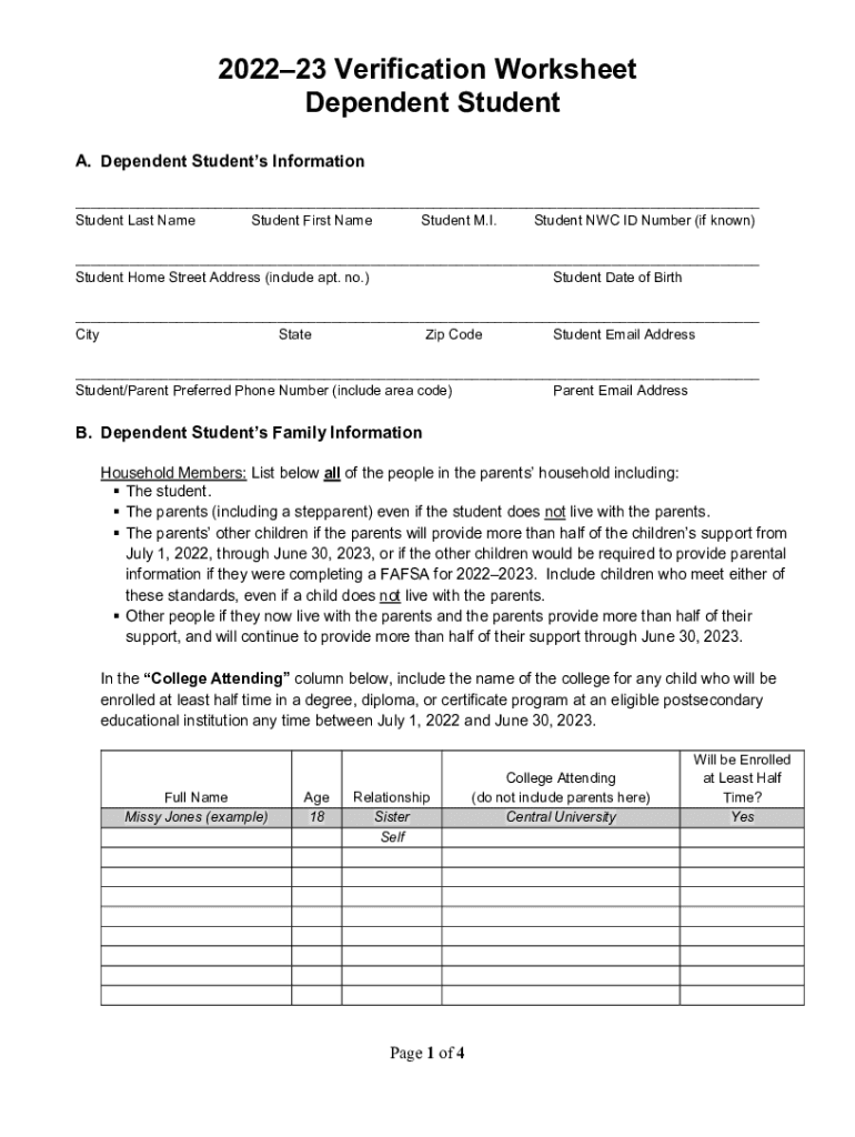Fillable Online 202223 Verification Worksheet Dependent Student Fax Email Print - pdfFiller
