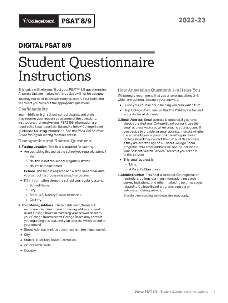 Fillable Online Digital PSAT 8/9 Student Questionnaire Instructions ...