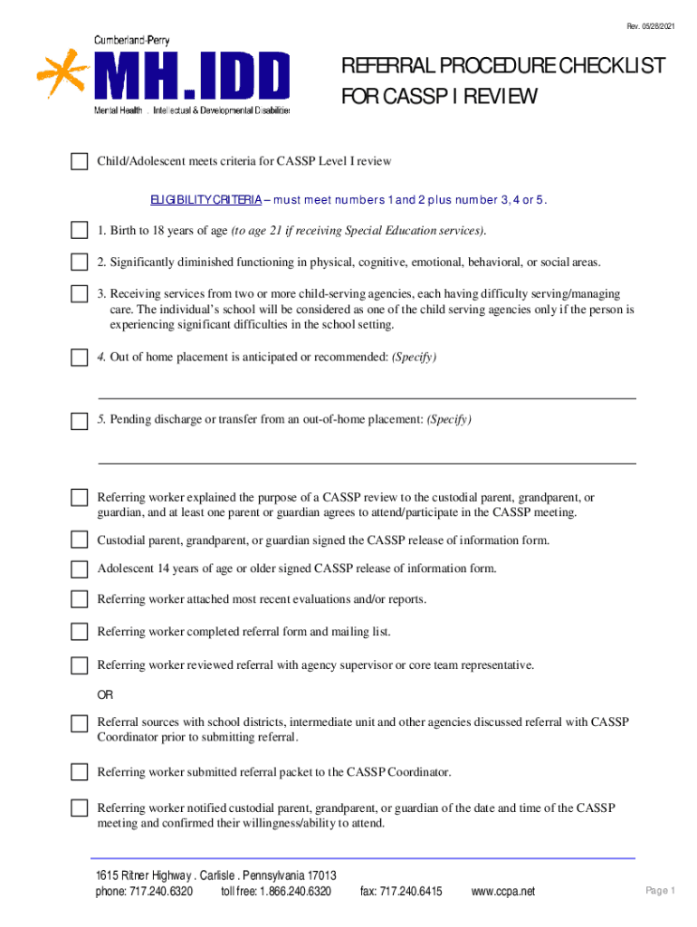 Fillable Online REFERRAL PROCEDURE CHECKLIST FOR CASSP I REVIEW Fax ...