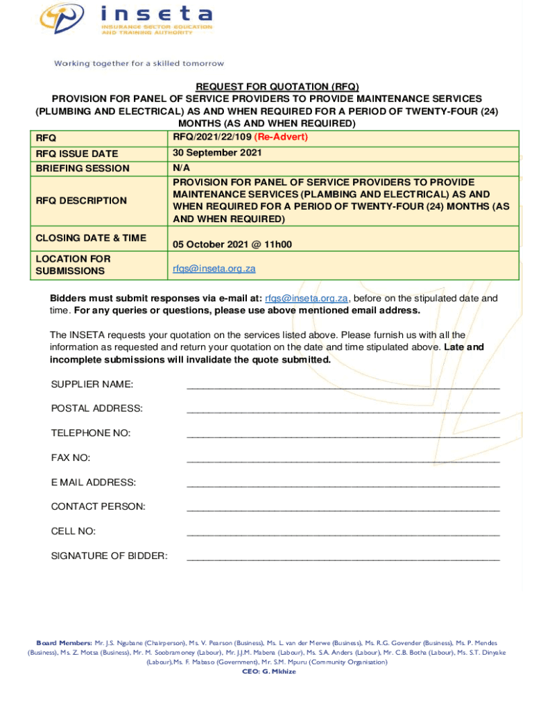 Fillable Online REQUEST FOR QUOTATION (RFQ) PROVISION FOR PANEL ... Fax Email Print - pdfFiller