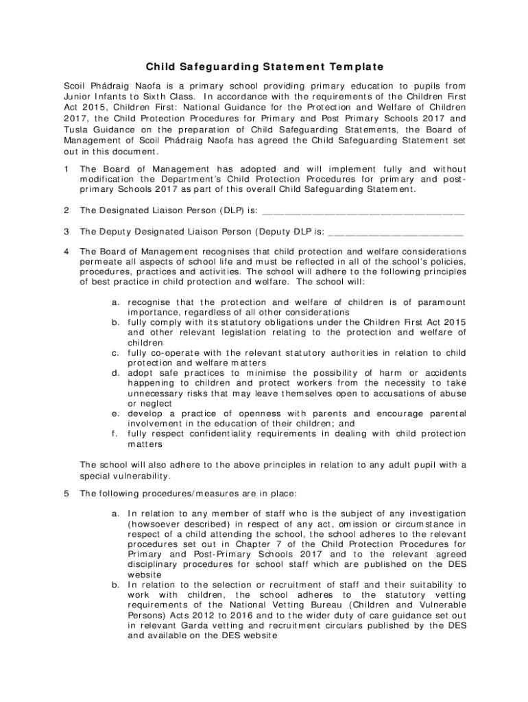 Fillable Online Child Safeguarding Statement Template - Scoil Phdraig ...