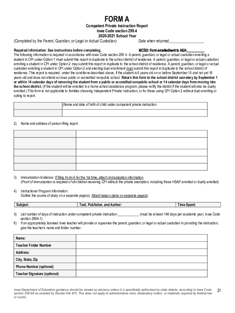Fillable Online Form A: Annual Competent Private Instruction Report Fax ...