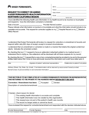 Fillable Online REQUEST TO CORRECT OR AMEND KAISER PERMANENTE HEALTH ...