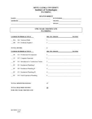 Fillable Online One Year Certificate PLUMBING TECHNOLOGY Status Sheet ...
