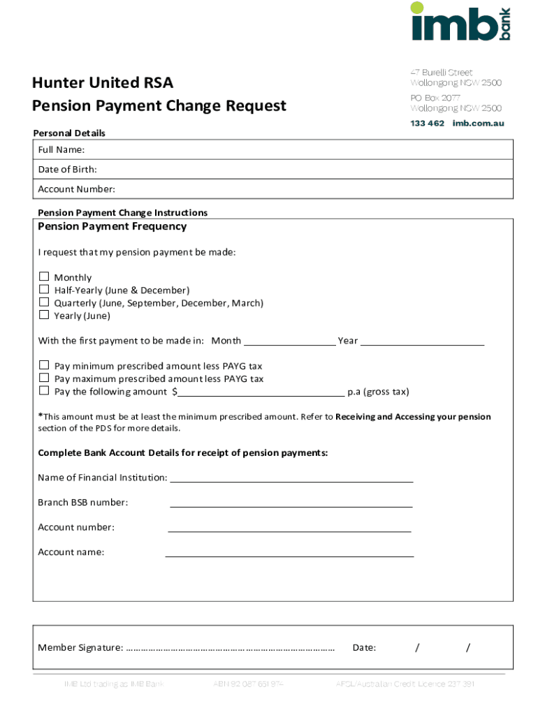 Fillable Online Hunter United RSA Pension Payment Change Request Fax ...