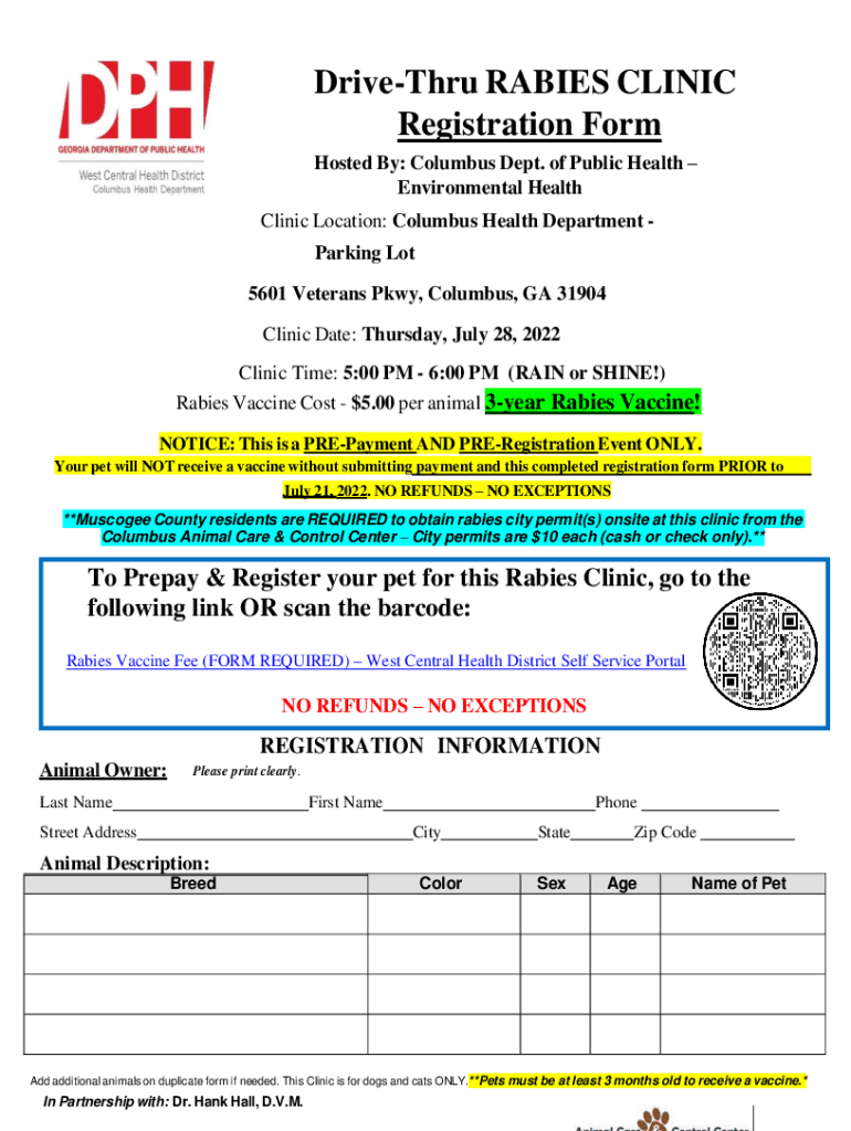 Fillable Online Drive-Thru RABIES CLINIC Registration Form Fax Email ...