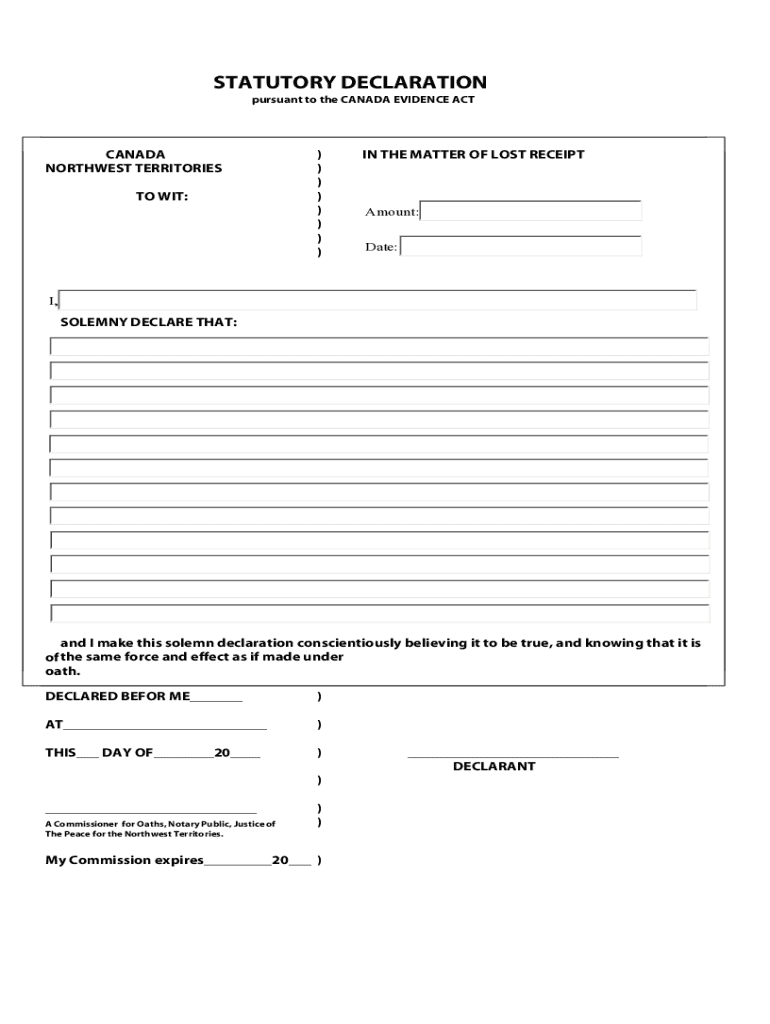 Fillable Online Statutory Declaration Lost Receipt - Finance Fax Email ...