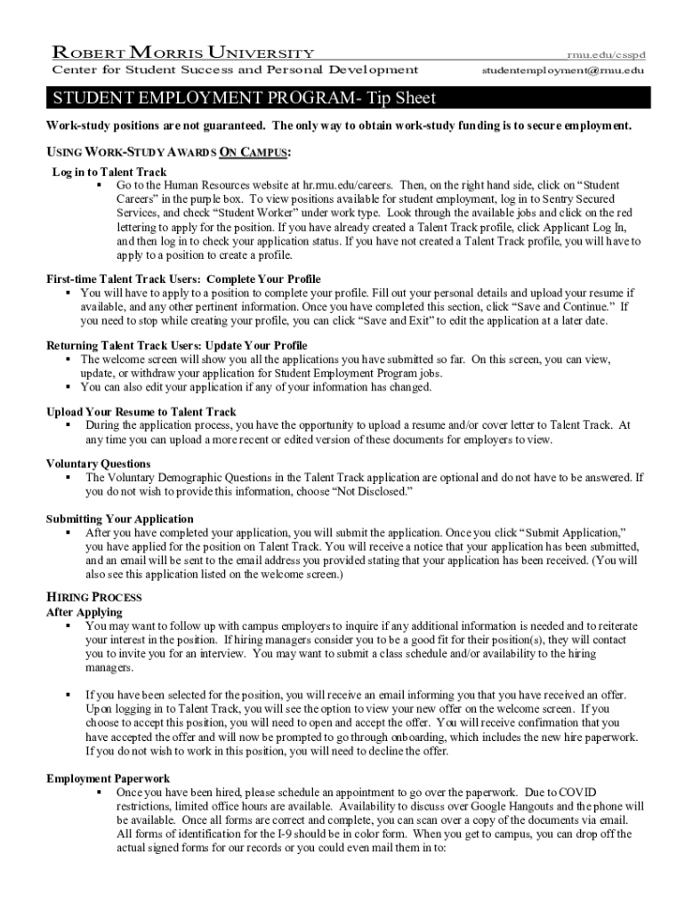 Fillable Online Student Employment Program Tip Sheet Fax Email Print ...