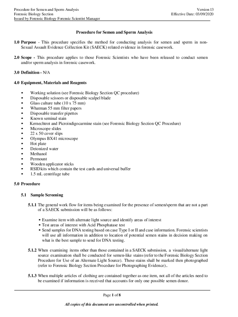 Fillable Online Procedure for Semen and Sperm Analysis - Forensic ...