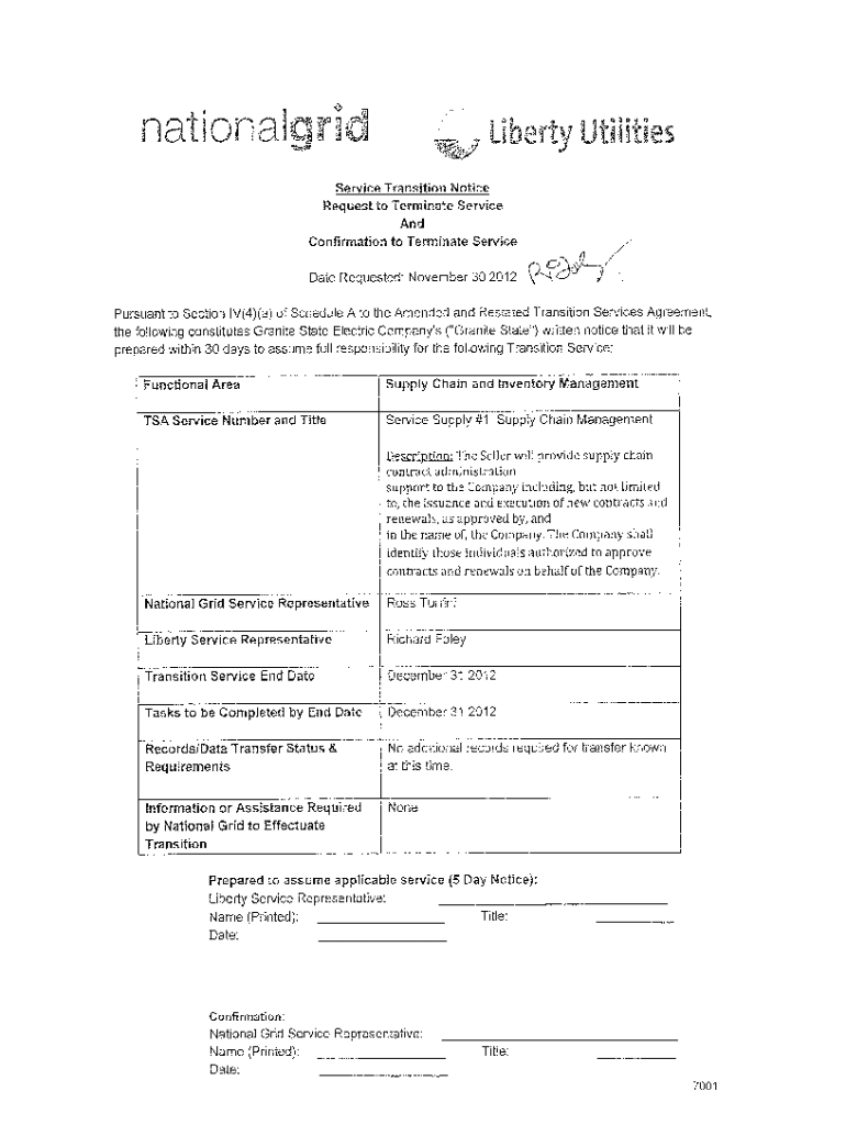 Fillable Online Transition of Services Post Termination Notice Sample ...