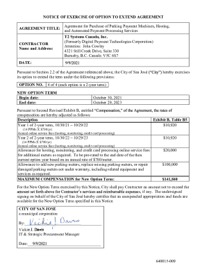 Fillable Online NOTICE OF EXERCISE OF OPTION TO EXTEND AGREEMENT ...