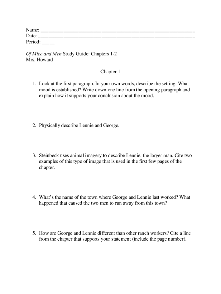 Fillable Online Steinbeck's Of Mice and Men Chapter 1 Summary ...