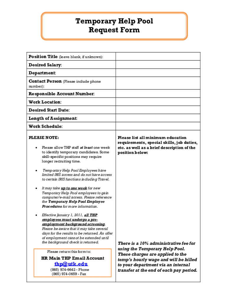 Fillable Online hr utk Temporary Help Pool Request Form Fax Email Print ...