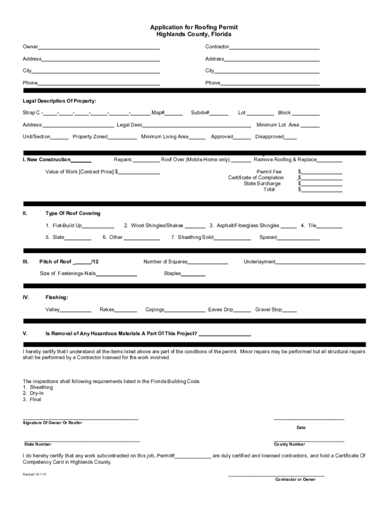 Fillable Online Application for Roofing Permit Highlands County ...