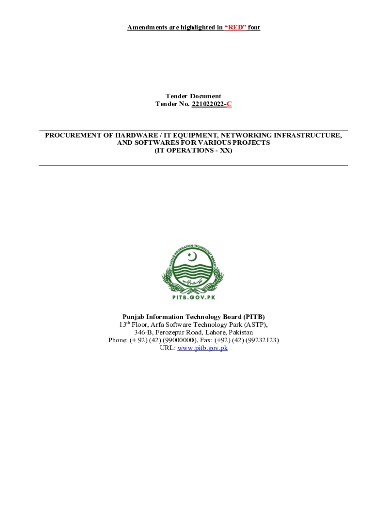 Fillable Online pitb gov TENDER SPECIFICATIONS ATTACHED TO THE ...
