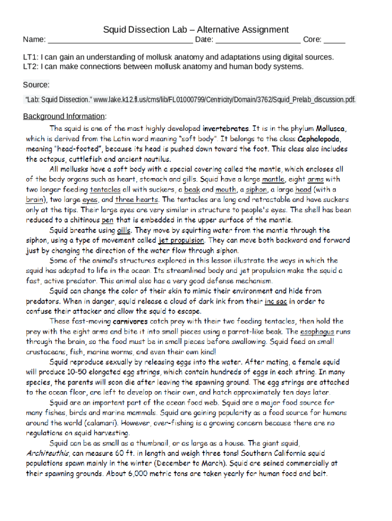 Squid Dissection LabAlternative Assignment Name: Date Doc Template ...