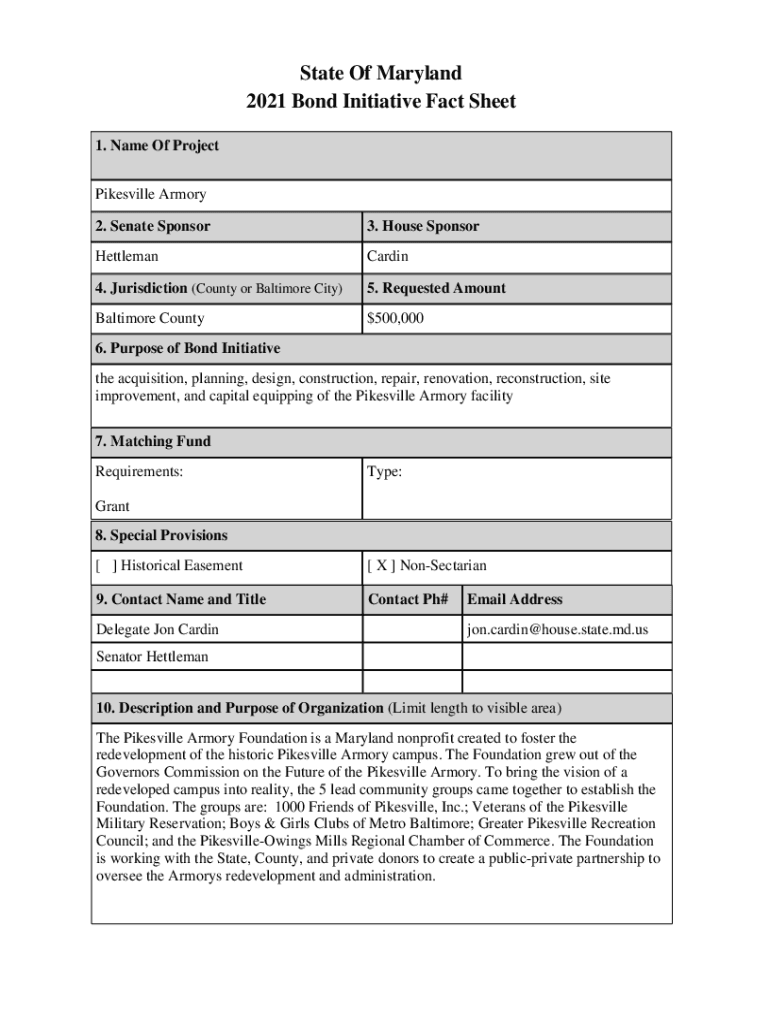 Fillable Online Bond Bill Fact Sheet for Pikesville Armory - Maryland ...