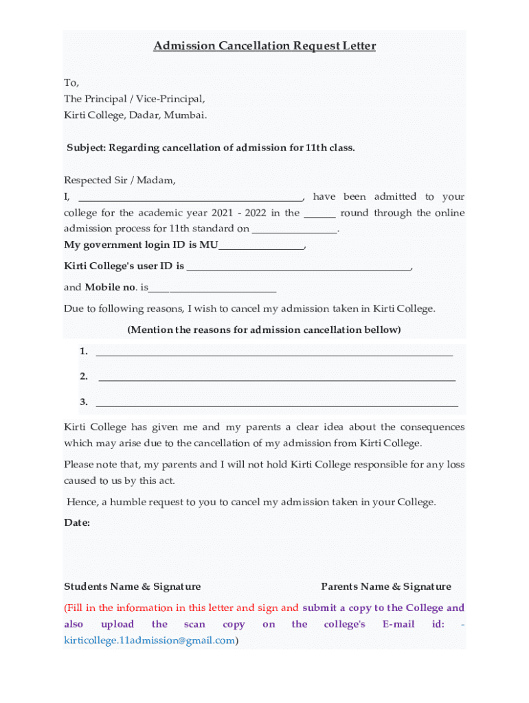 Admission Cancel Application For College - Fill Online, Printable ...