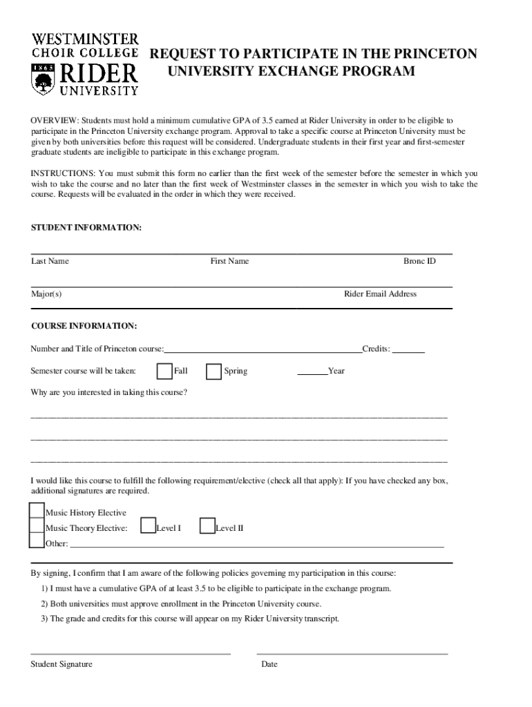 Fillable Online Request to Take a Princeton University Course Form Fax ...