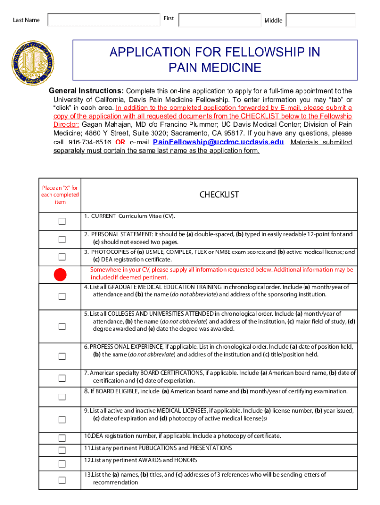 Fillable Online APPLICATION FOR FELLOWSHIP IN PAIN MEDICINE Fax Email ...