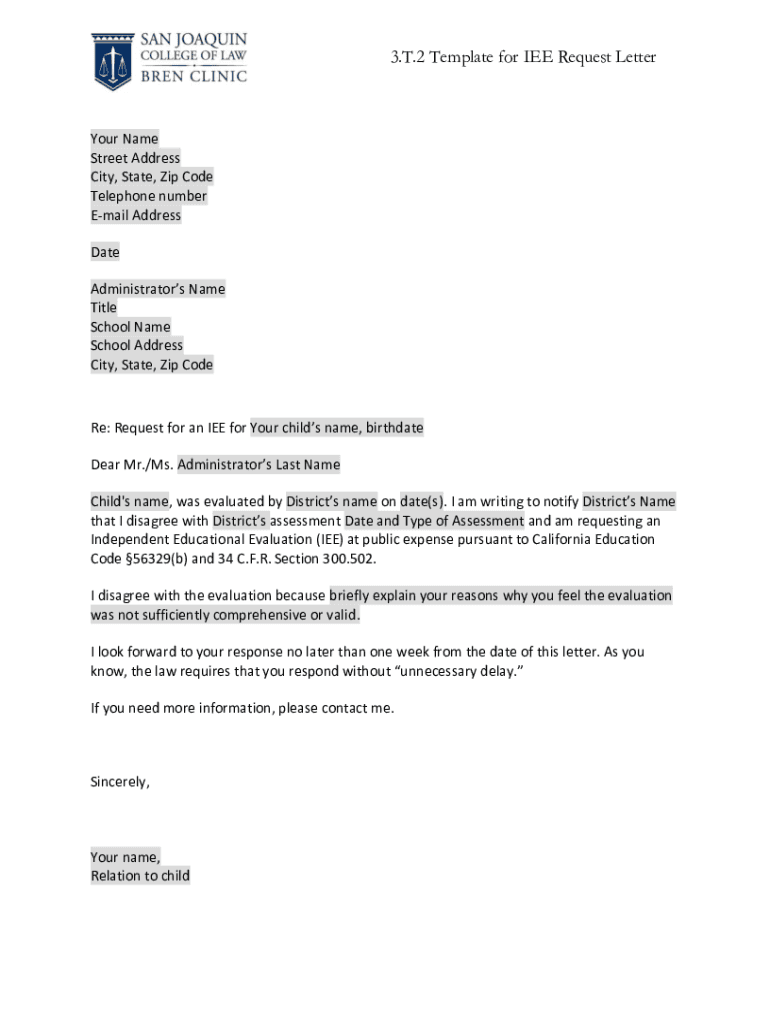 Fillable Online 3.T.2 Template for IEE Request Letter Fax Email Print ...