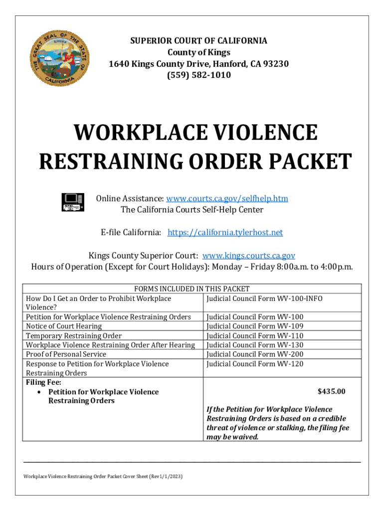 Fillable Online WORKPLACE VIOLENCE RESTRAINING ORDER PACKET Kings ...