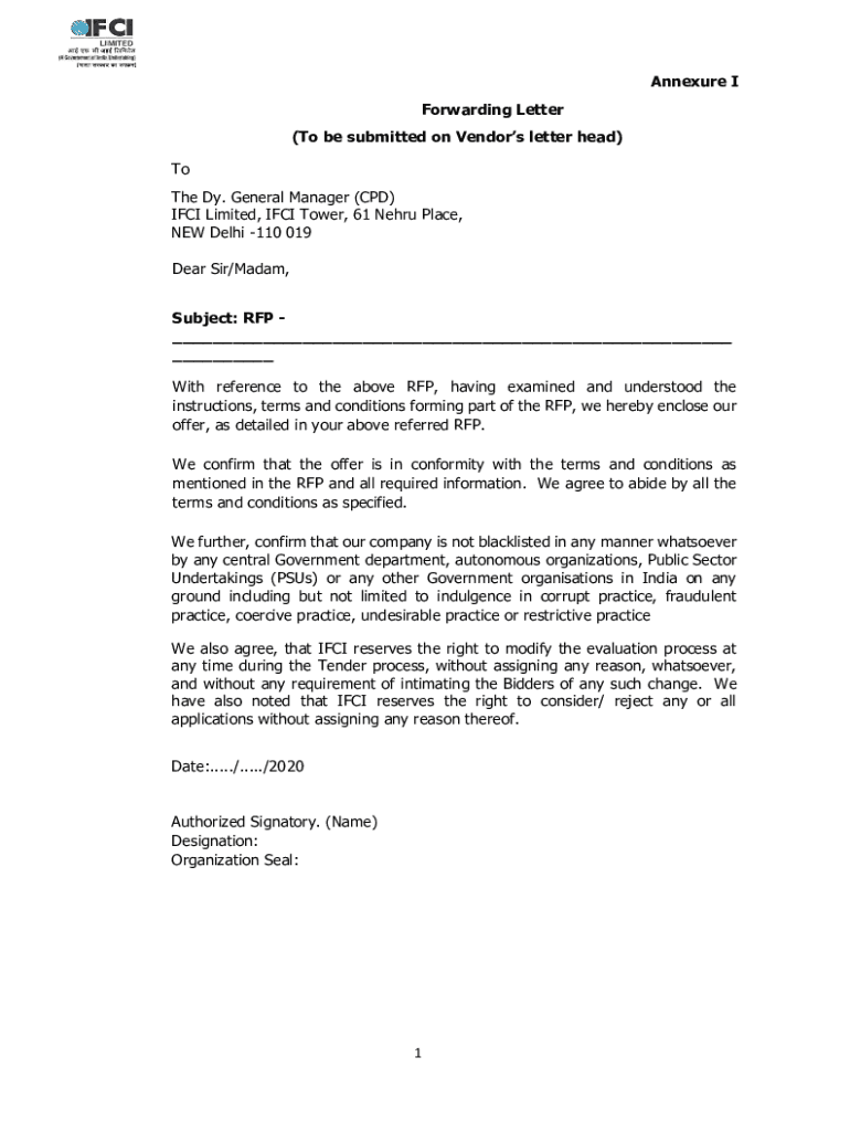 Fillable Online 1 Annexure I Forwarding Letter (To be submitted on ... - IFCI Fax Email Print ...