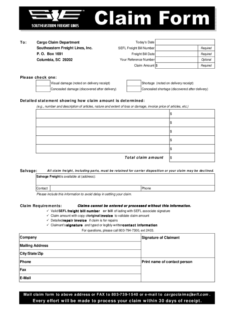 Southeastern Freight Claim Form - Fill Online, Printable, Fillable ...