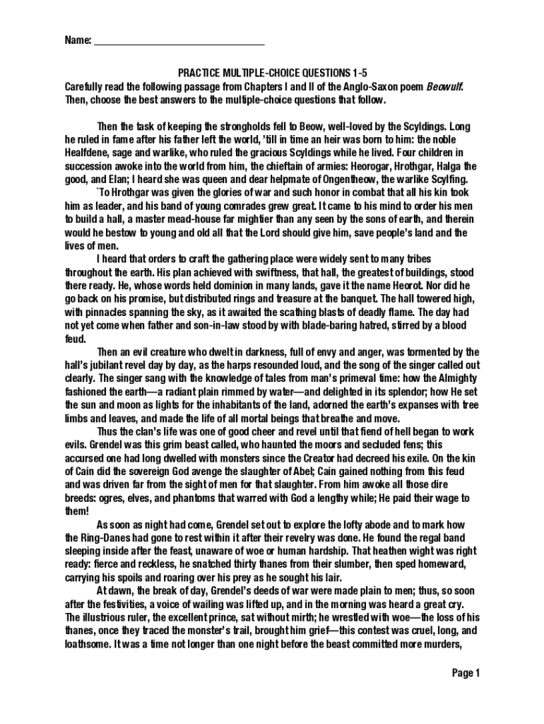 Fillable Online Introduction to Anglo-Saxon Literature: Beowulf Quiz ...