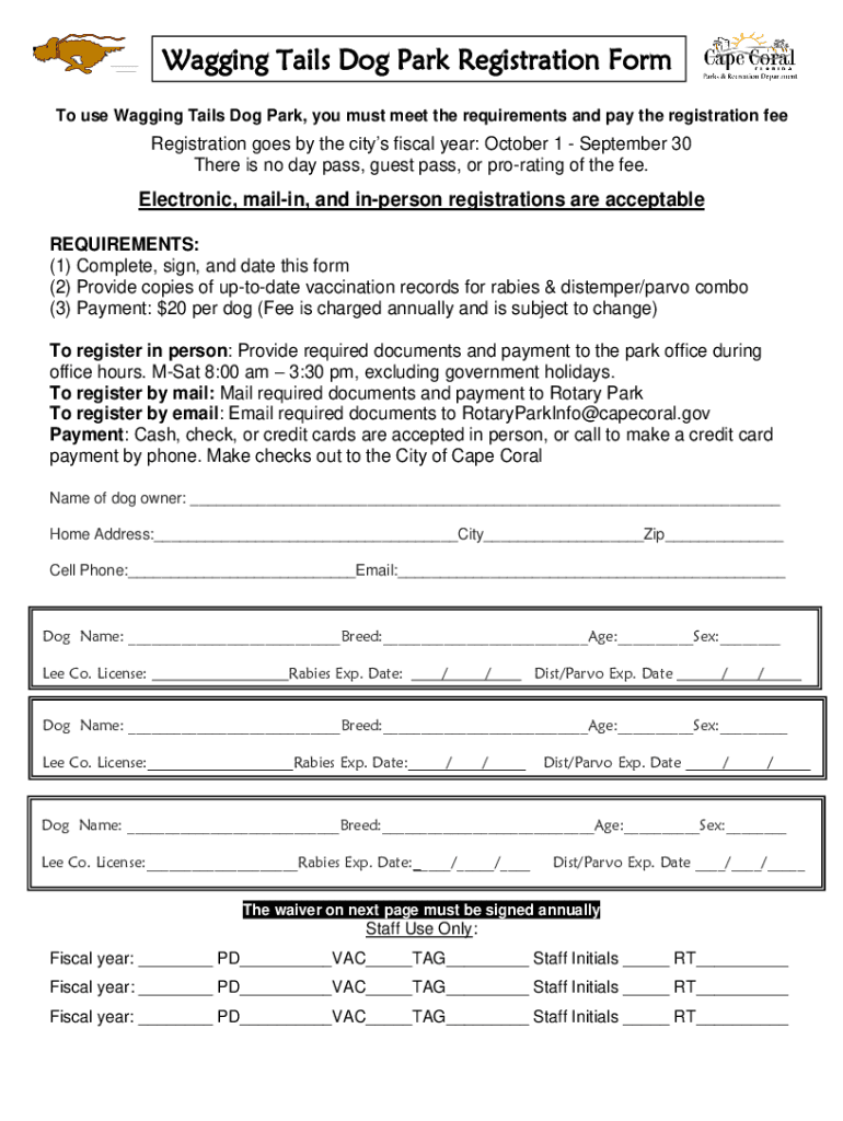 Fillable Online Wagging Tails Dog Park Registration Form - Revize Fax ...