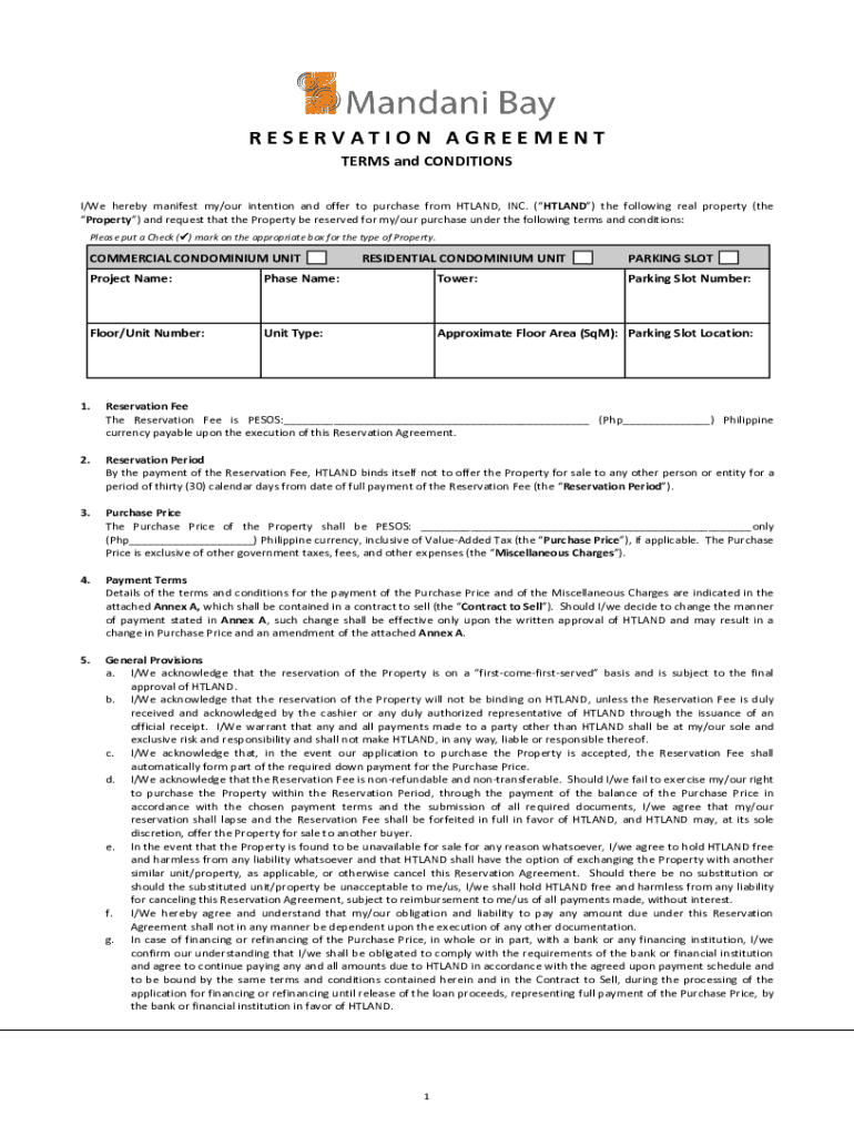 Fillable Online RESERVATION AGREEMENT - real estate in Baguio Fax Email ...