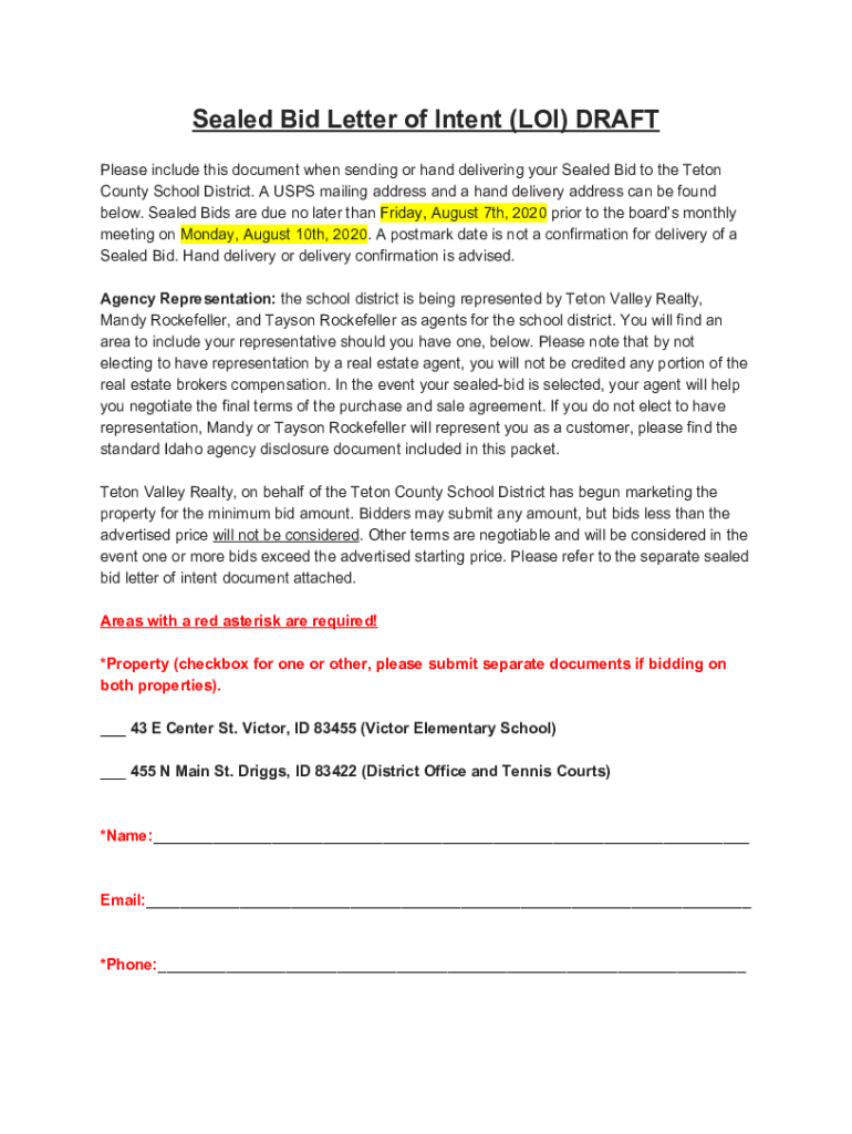 Fillable Online Sealed Bid Letter of Intent (LOI) DRAFTTeton Valley ...