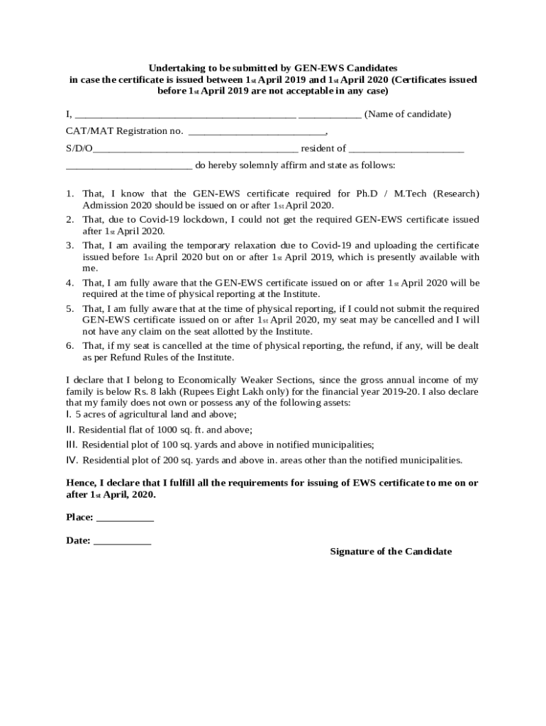 Fillable Online Undertaking to be submitted by GEN-EWS Candidates Fax ...