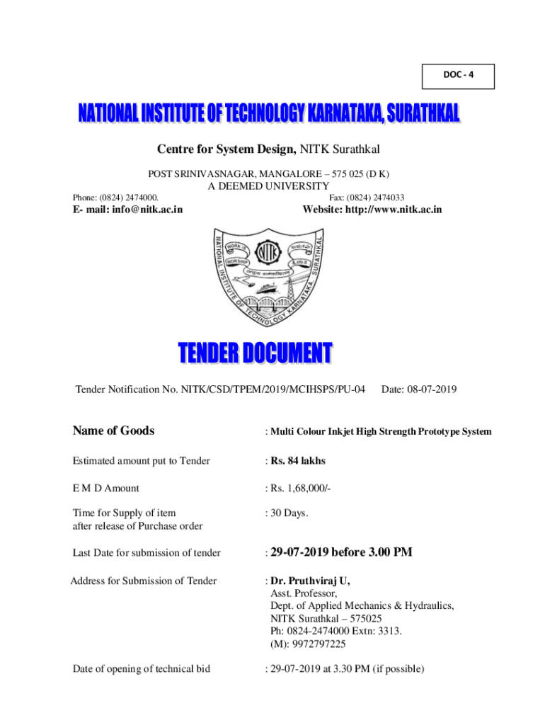 Fillable Online Centre for System Design, NITK Surathkal Name of Goods ...