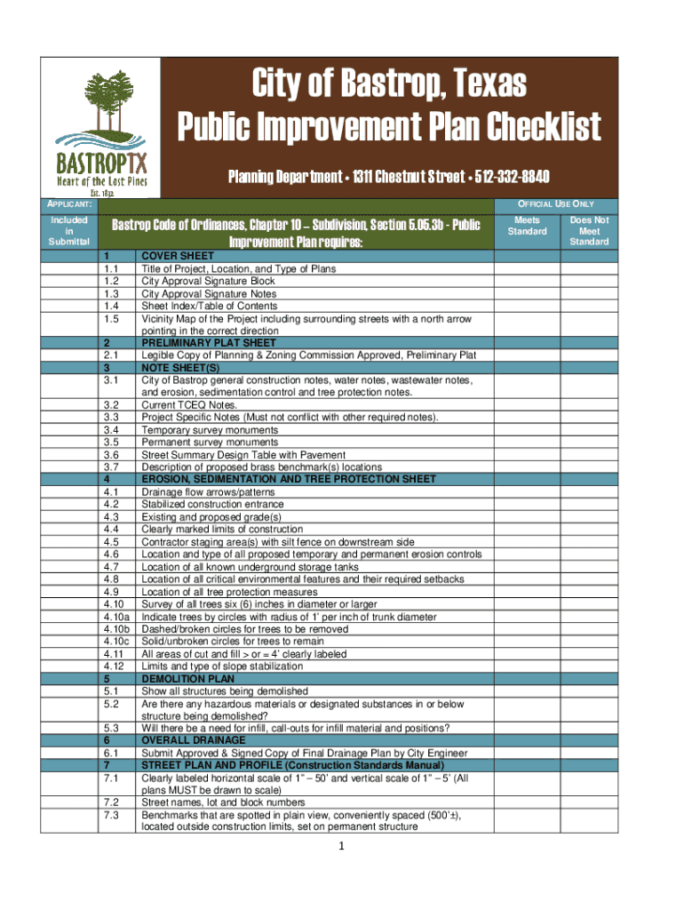 Fillable Online City of Bastrop, Texas - MUD Public Improvement Plan ...