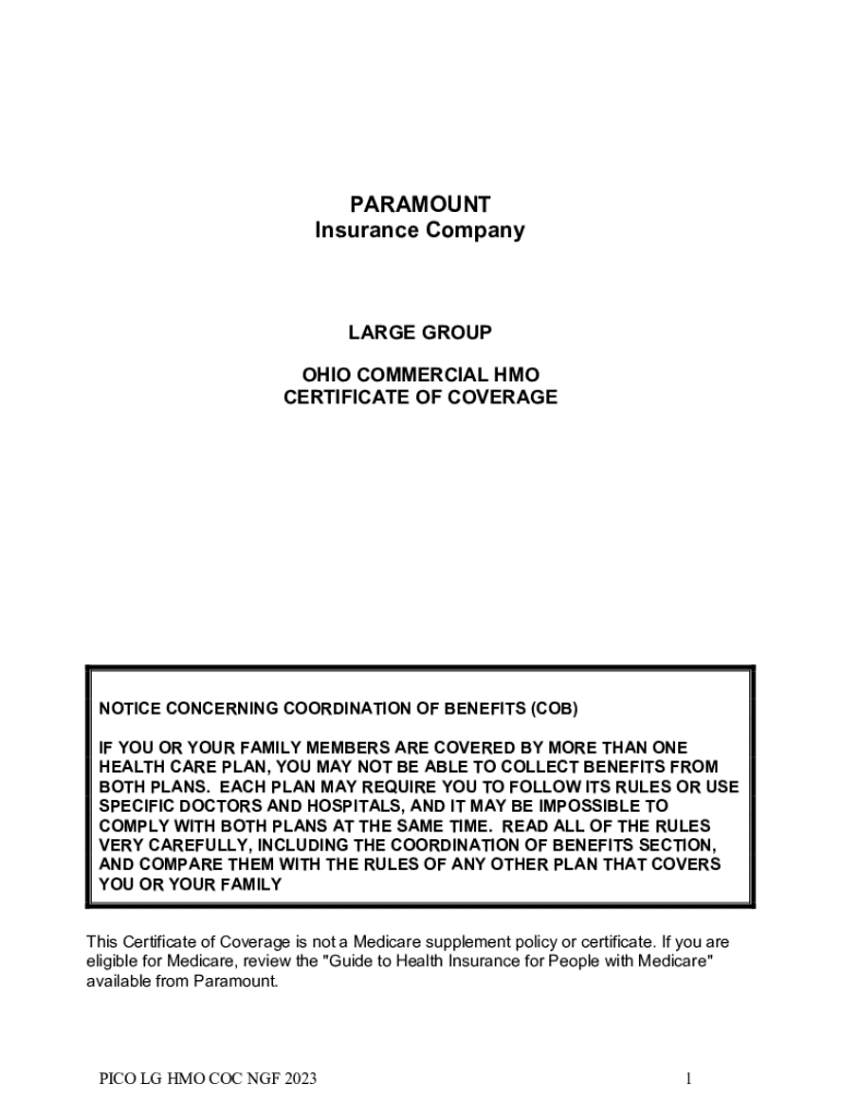 Fillable Online Paramount Insurance Company Ohio Commercial HMO ...