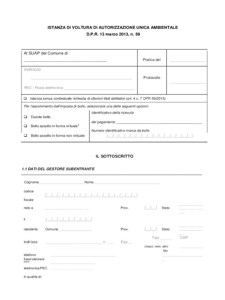 Fillable Online Istanza di voltura dell'Autorizzazione Unica Ambientale ...