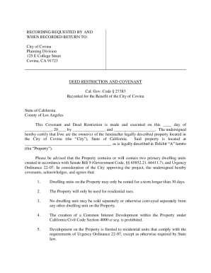 Fillable Online deed restriction and covenant - City of Covina Fax ...