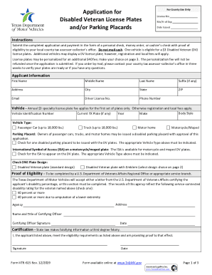 Fillable Online Application for Disabled Veteran License Plates and ...