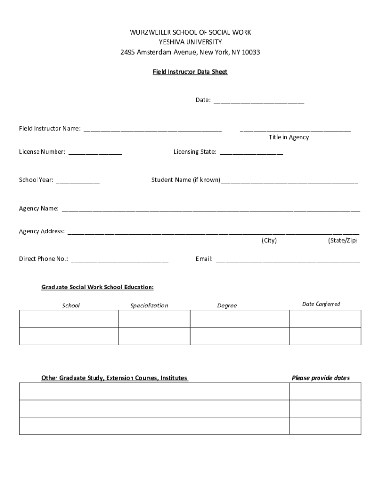 Fillable Online Field Instructor Data Sheet - Yeshiva University Fax ...