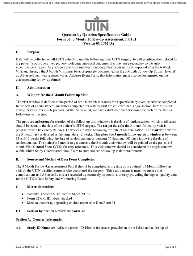 Fillable Online Guide Form 32: 3 Month Follow-up Assessment, Part II ...