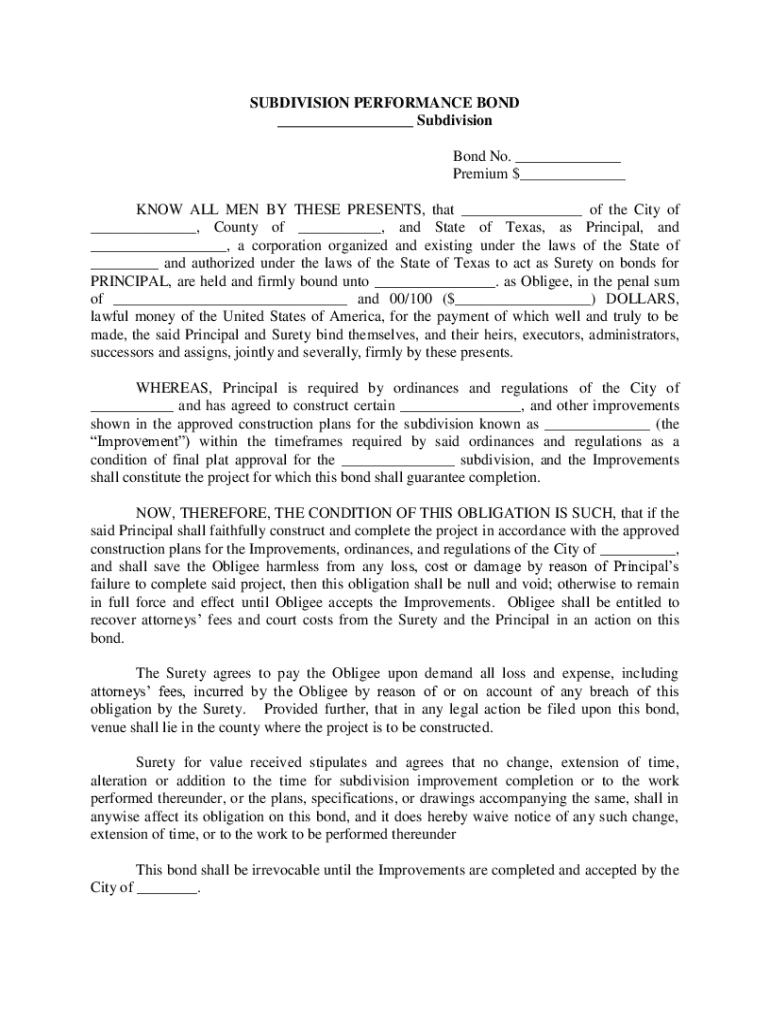 Fillable Online Subdivision Performance Bond Fax Email Print - pdfFiller