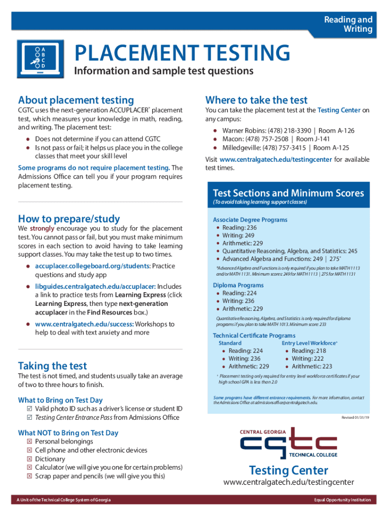 Fillable Online Placement Testing Information and Sample Questions ...