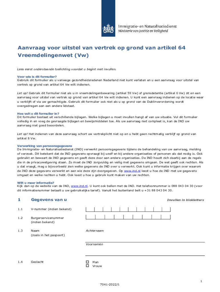 Fillable Online Aanvraag voor uitstel van vertrek op grond van artikel ...