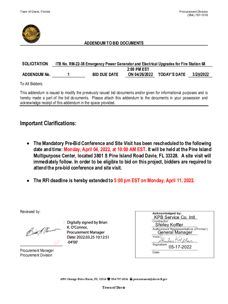 Fillable Online ADDENDUM TO BID DOCUMENTS SOLICITATION ITB-EL-21 ...
