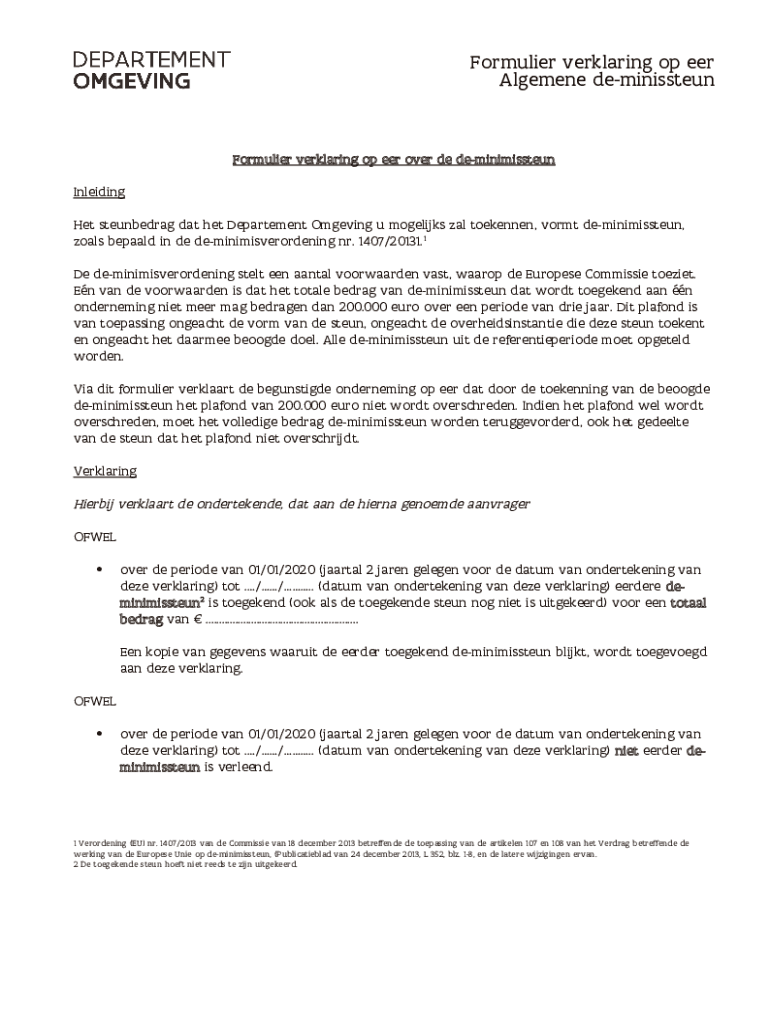ulier verklaring op eer algemene de-minimissteun Doc Template | pdfFiller