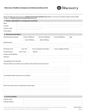 Fillable Online Discovery Healthy Company workshop booking form Fax ...