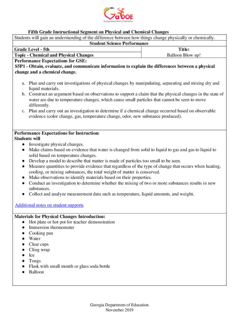 Fillable Online Fifth Grade Instructional Segment on Physical and Chemical ... Fax Email Print ...