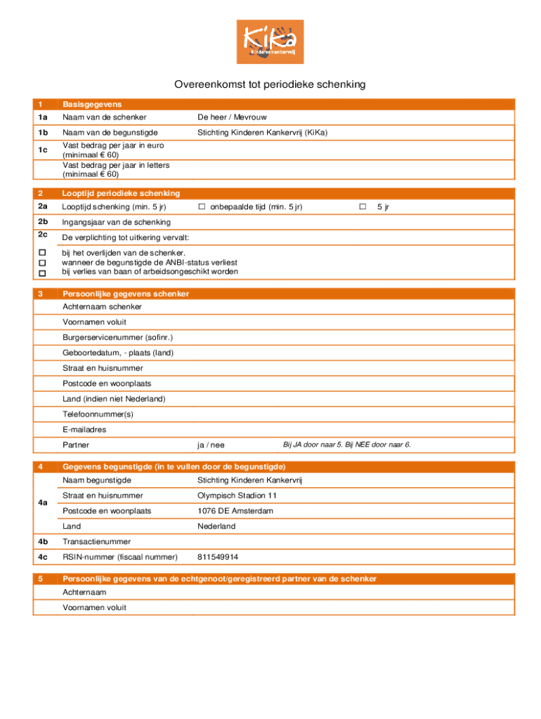 Fillable Online 1 OVEREENKOMST TOT PERIODIEKE SCHENKING ... Fax Email ...