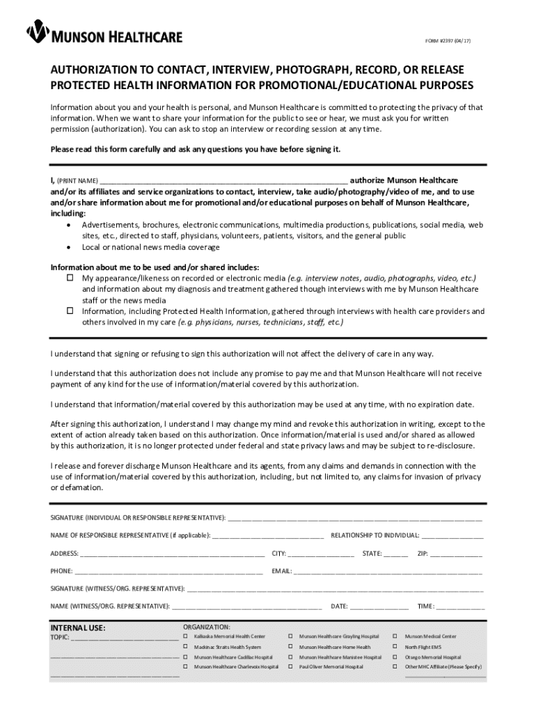 Fillable Online authorization to contact, interview, photograph, record ...